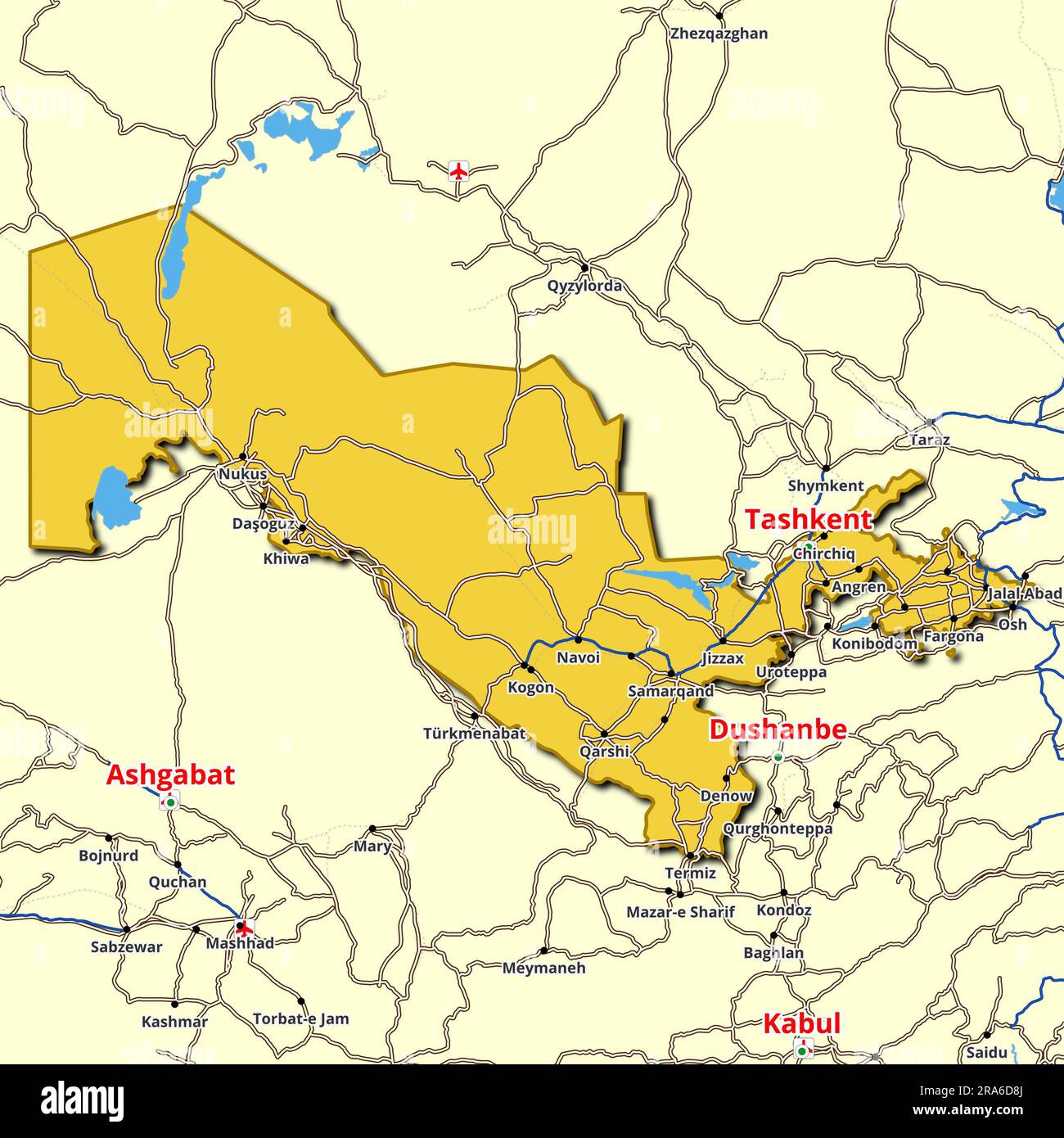 Country map of Uzbekistan featuring the major roads and highways ...