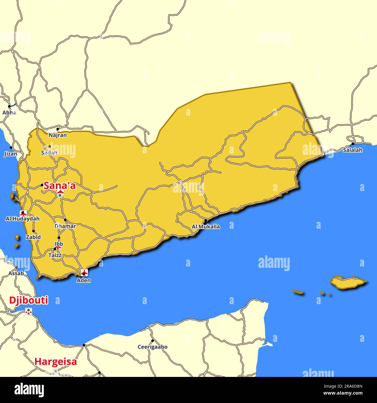Country map of Yemen featuring the major roads and highways spanning ...