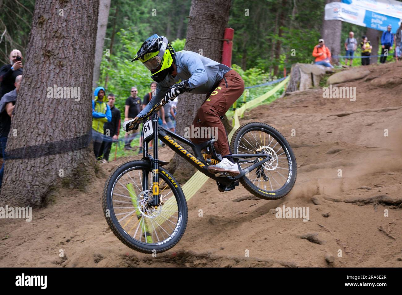 Antoine Pierron (FRA) in action during DH Elite Men race, at UCI MTB World Cup 2023, Val di Sole ...