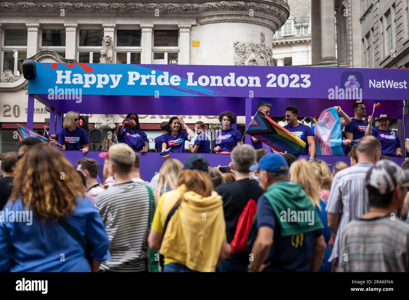London, UK. 1 July 2023. The sponsored NatWest lorry passes through ...