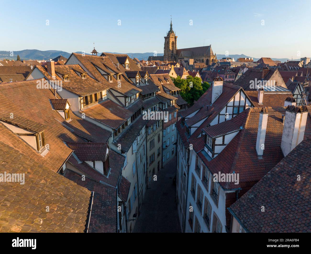 Aerial Drone Shot of the city of Colmar in Alsace France. Quiet streets ...