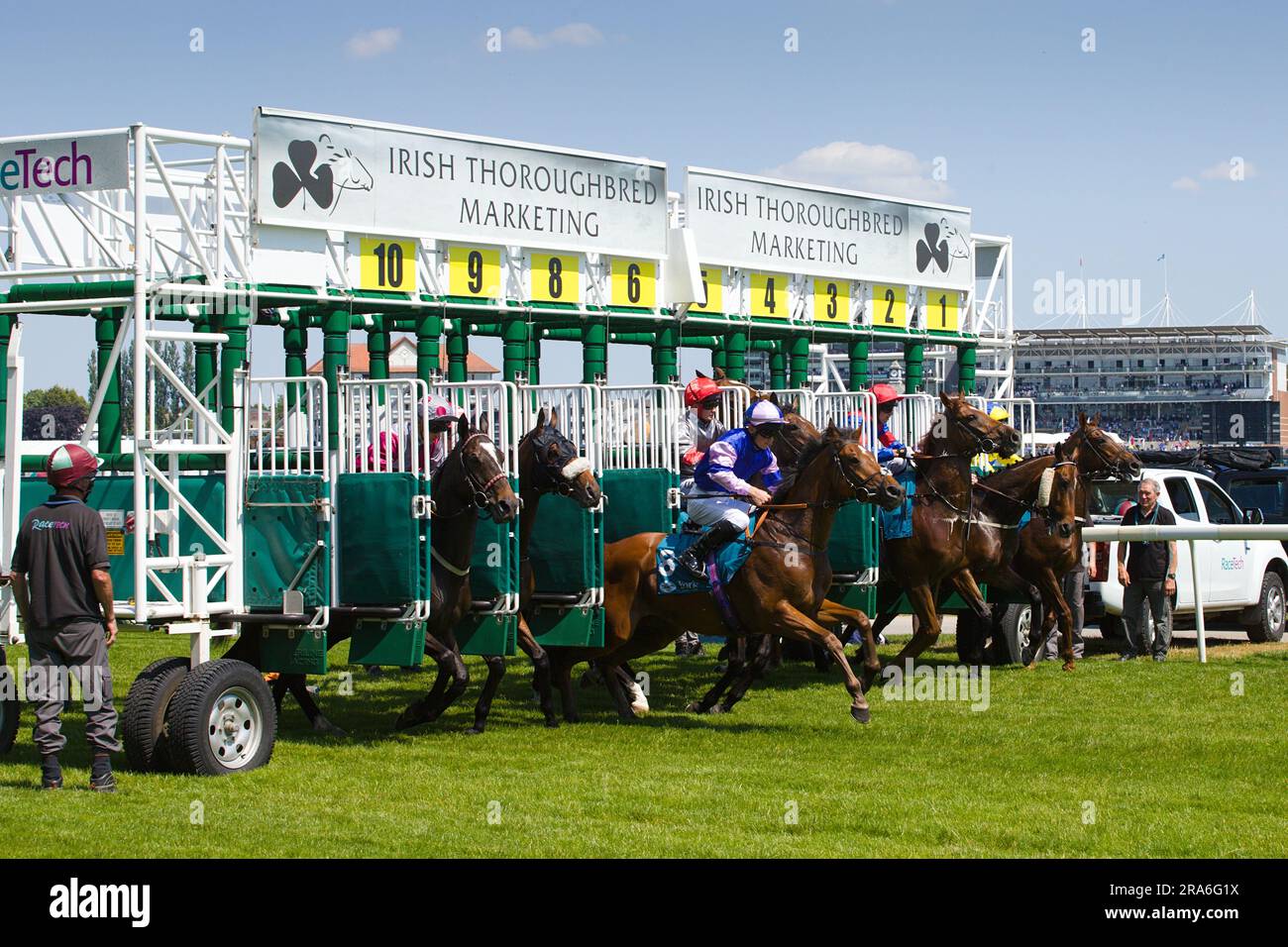 A sequence of horses galloping out of the starting gates at York ...