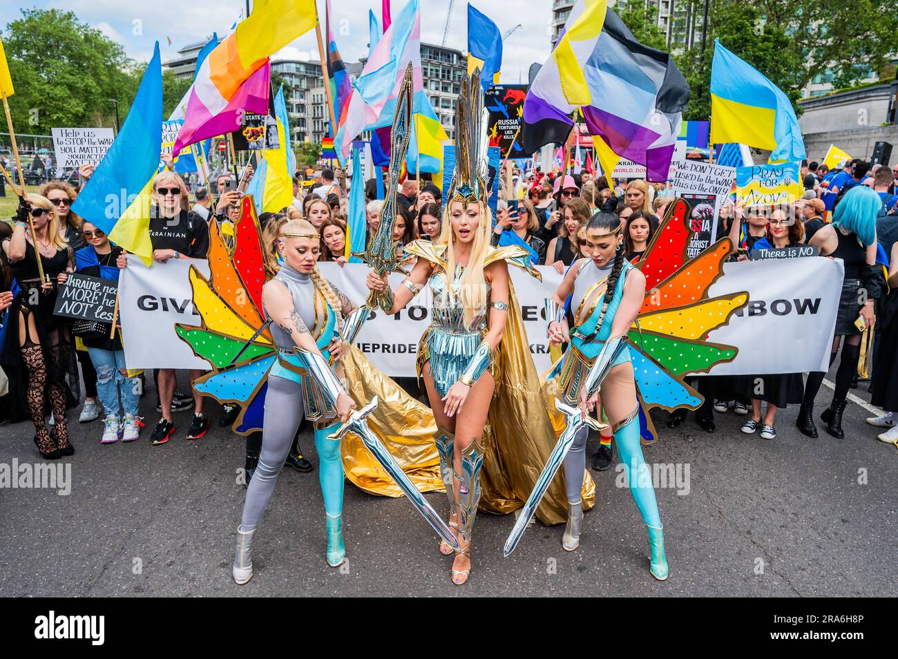 London, UK. 1st July, 2023. Ukrainian Pride marches led by a pop singer ...