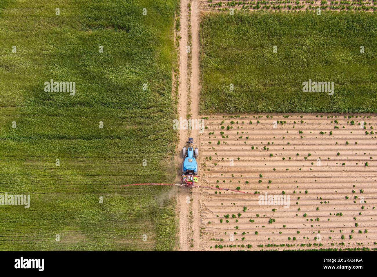 Aerial image of tractor spraying soil and young crop in springtime in ...