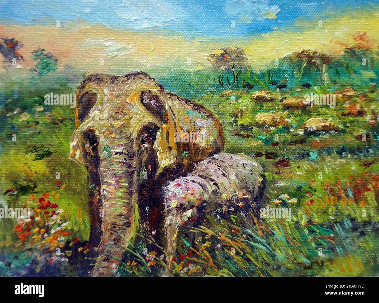 art painting Oil color Elephant family Stock Photo - Alamy