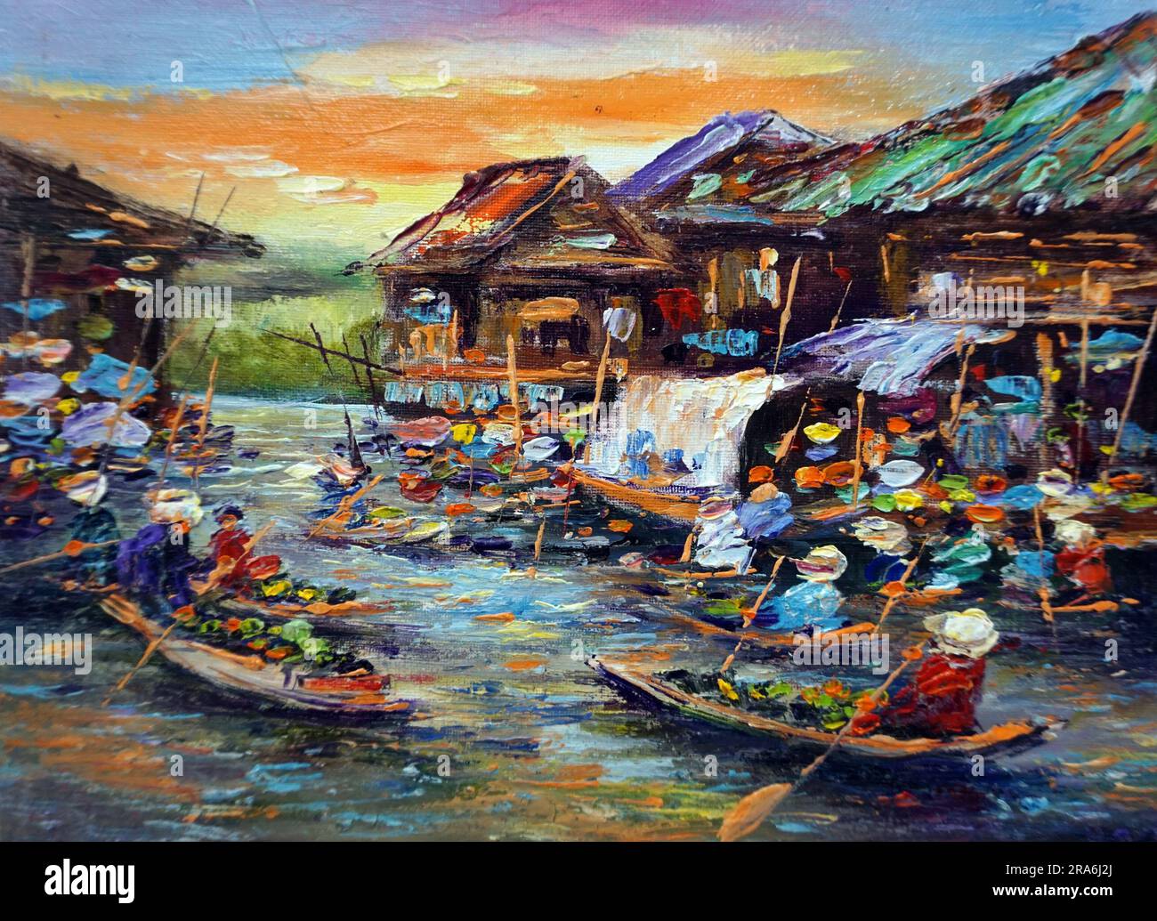 Art painting Oil color Floating market Thailand countryside Stock Photo ...