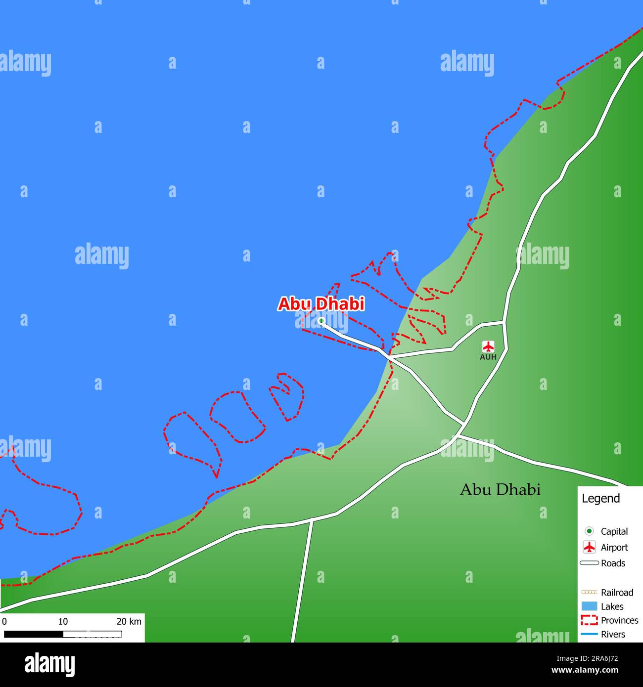 Map of the capital city Abu Dhabi with main streets, rivers, lakes ...