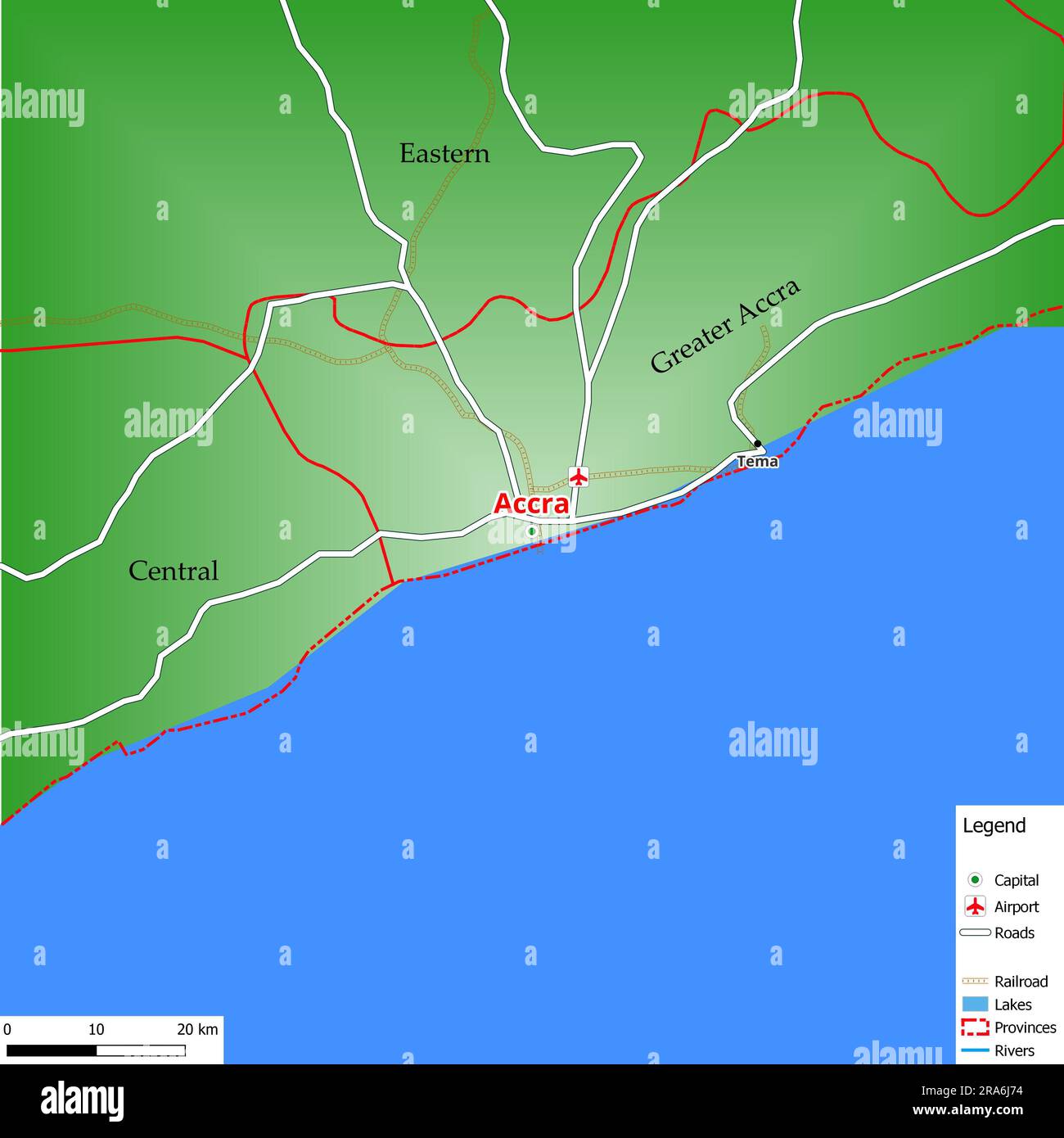 Map of the capital city Accra with main streets, rivers, lakes, urban ...