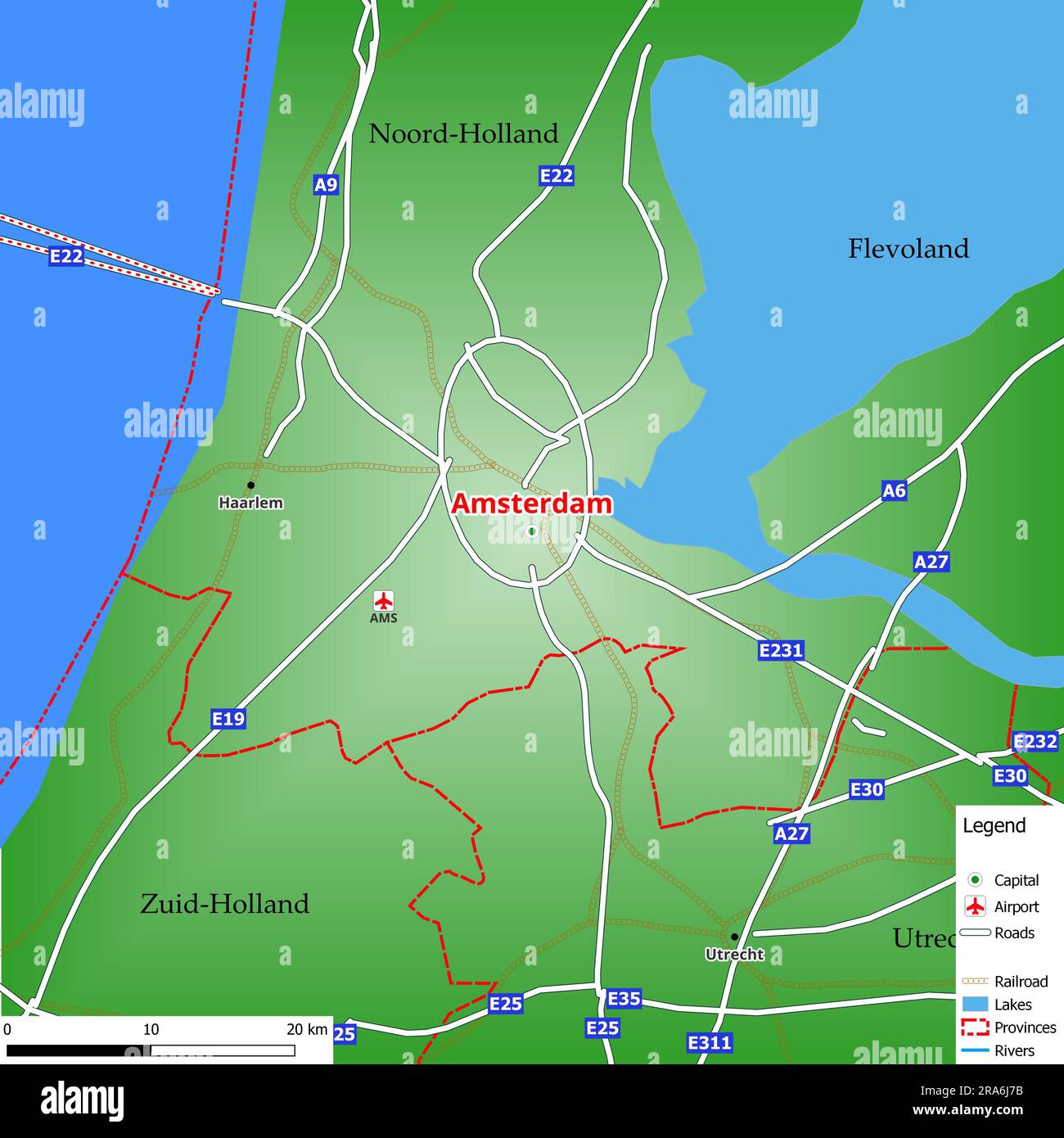 Map of the capital city Amsterdam with main streets, rivers, lakes ...