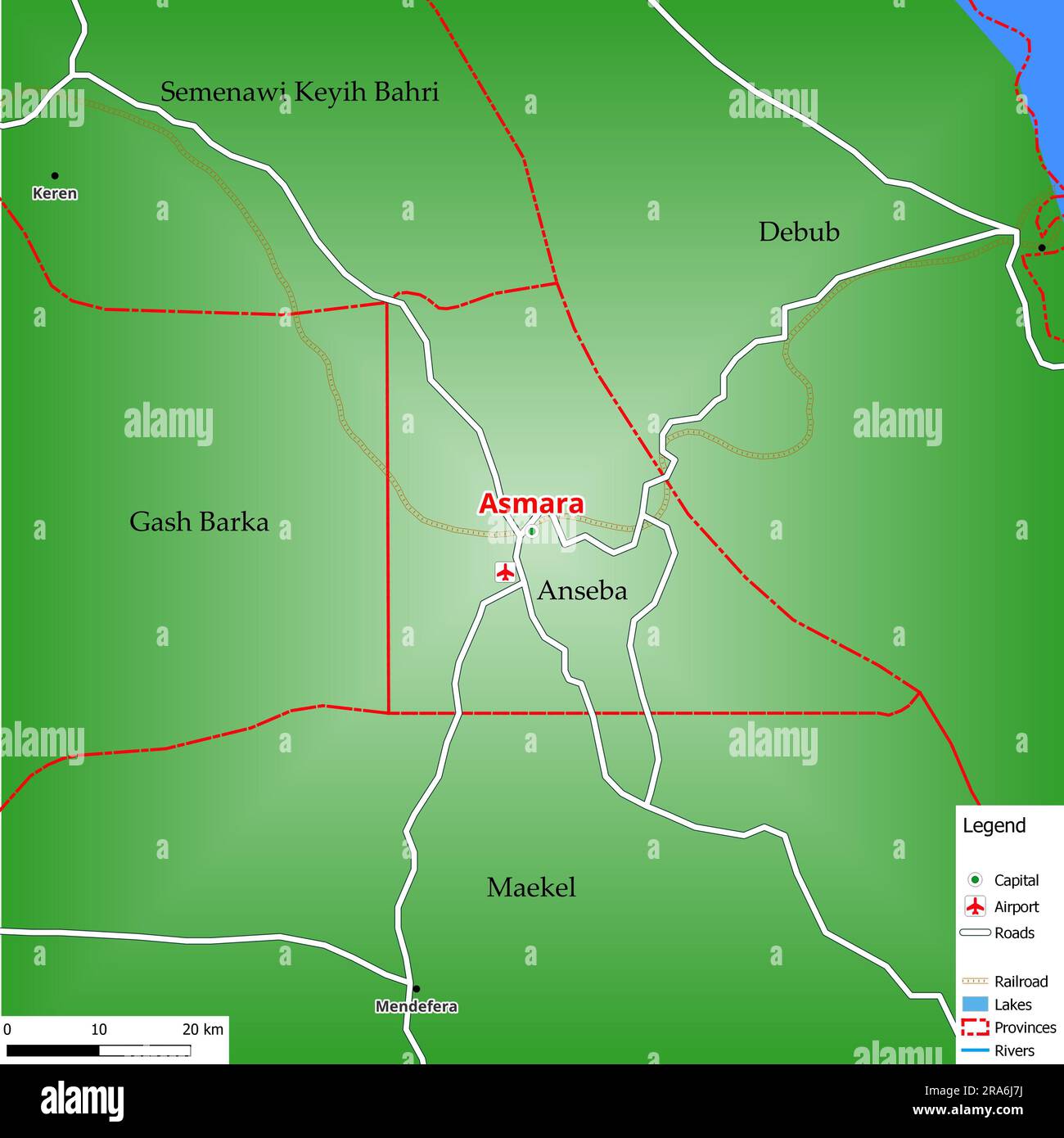 Map of the capital city Asmara with main streets, rivers, lakes, urban ...