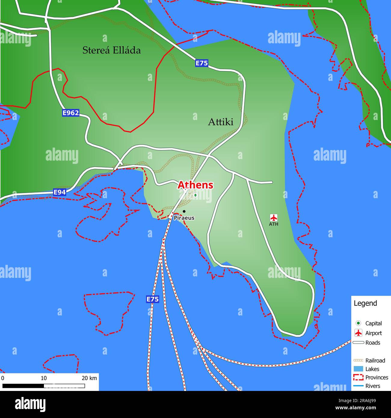 Map of the capital city Athens with main streets, rivers, lakes, urban ...