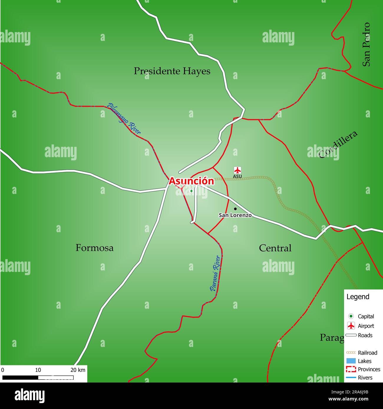 Map of the capital city Asunción with main streets, rivers, lakes ...