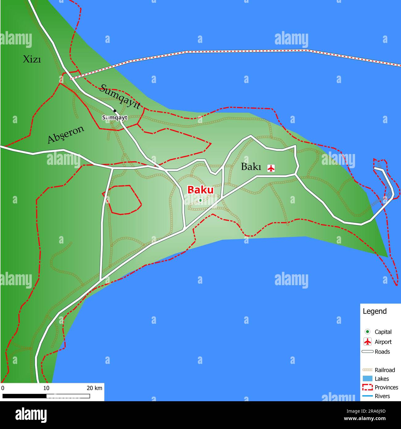 Map of the capital city Baku with main streets, rivers, lakes, urban ...