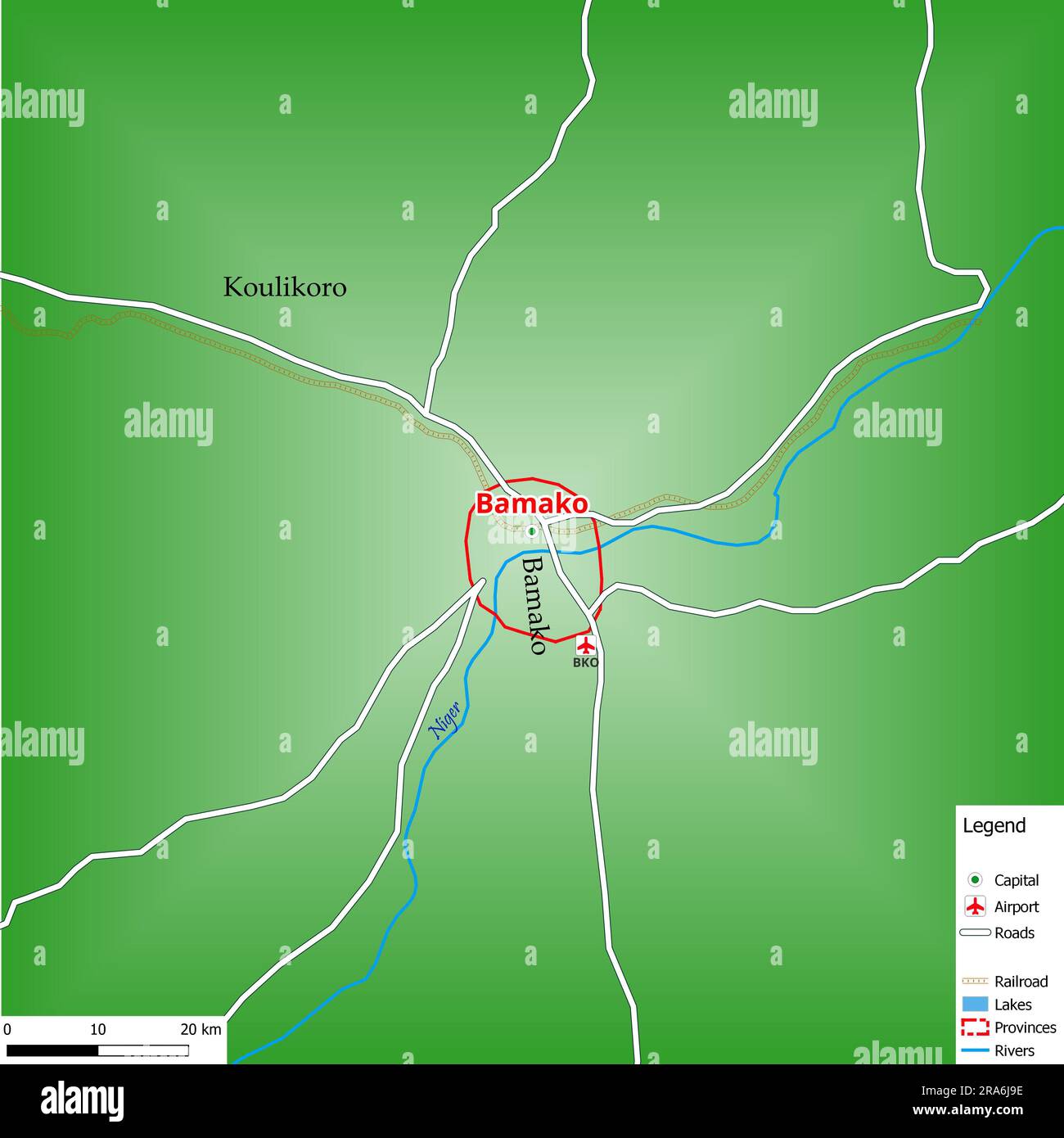 Map of the capital city Bamako with main streets, rivers, lakes, urban ...