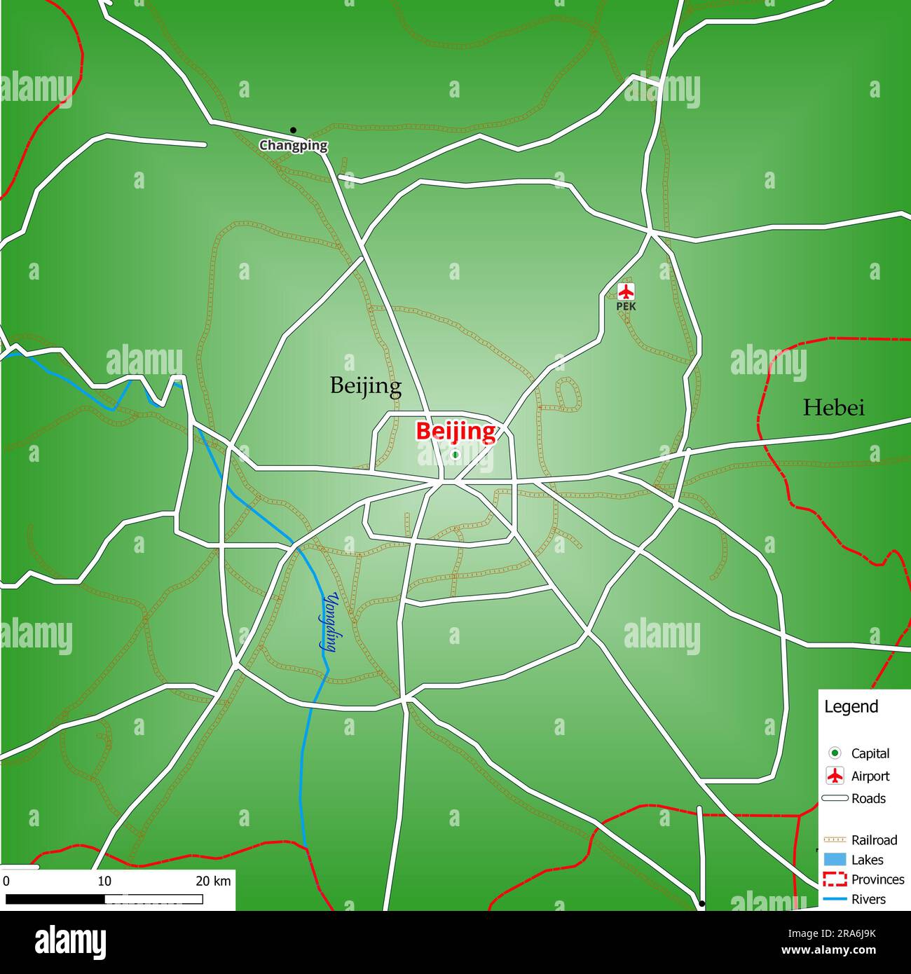 Map of the capital city Beijing with main streets, rivers, lakes, urban ...