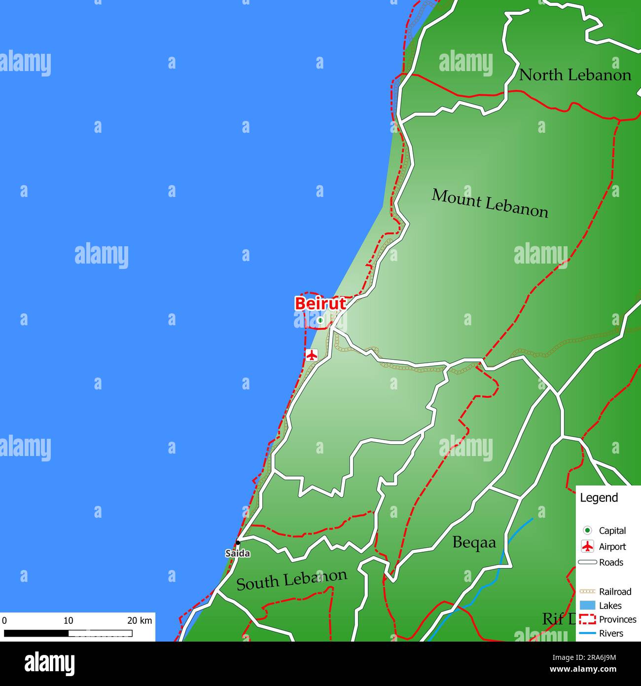 Map of the capital city Beirut with main streets, rivers, lakes, urban ...