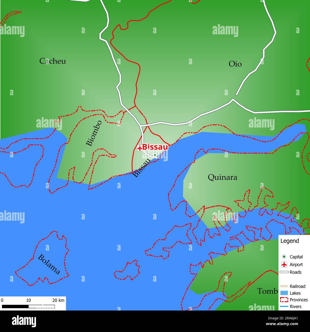 Map of the capital city Bissau with main streets, rivers, lakes, urban ...