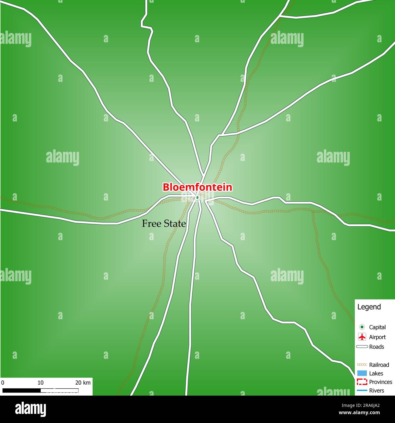 Map of the capital city Bloemfontein with main streets, rivers, lakes, urban areas and names of ...