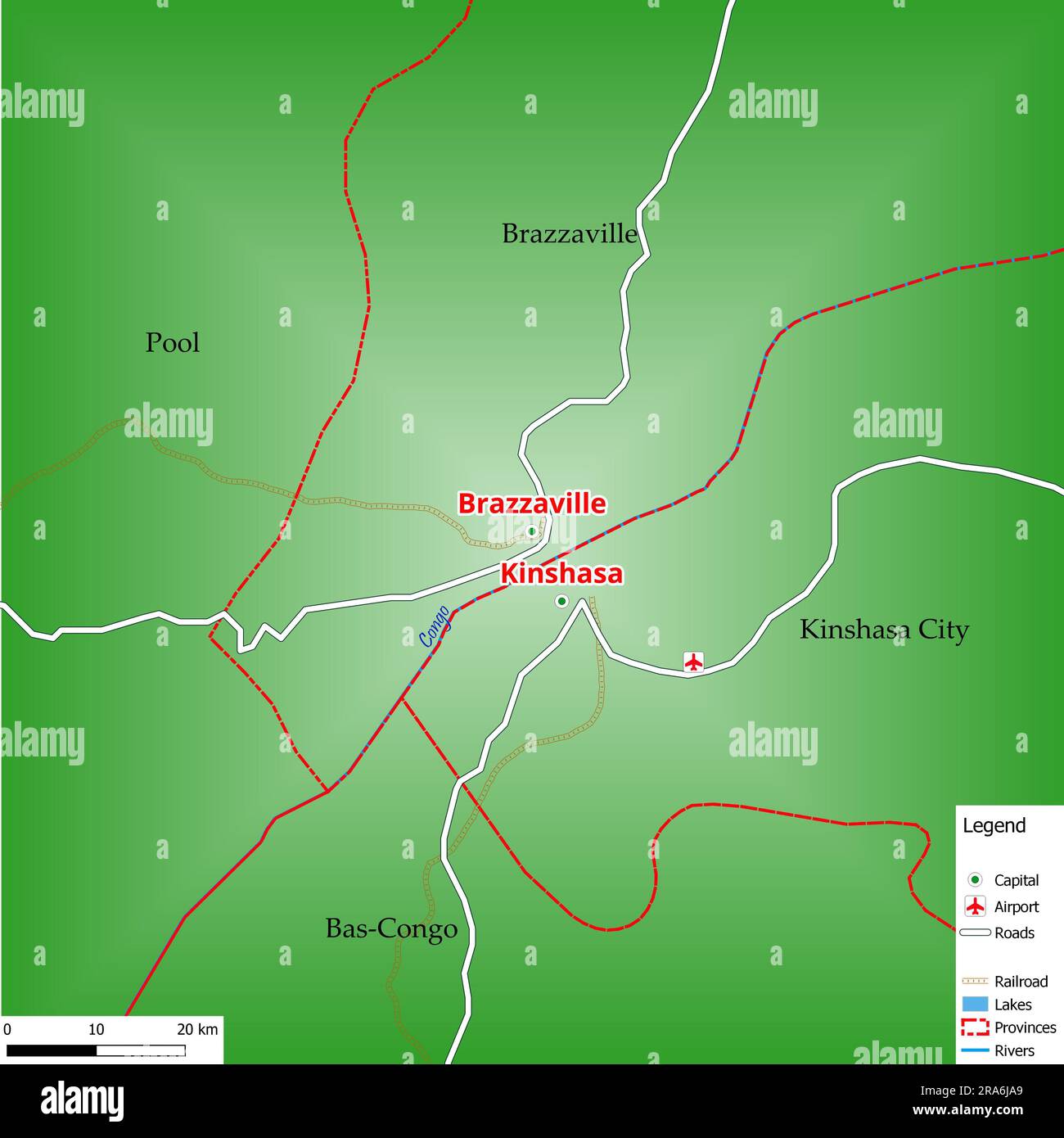 Map of the capital city Brazzaville with main streets, rivers, lakes ...