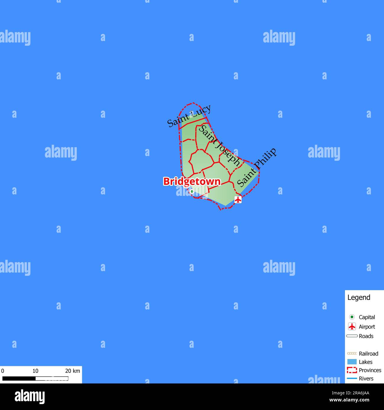 Map of the capital city Bridgetown with main streets, rivers, lakes ...