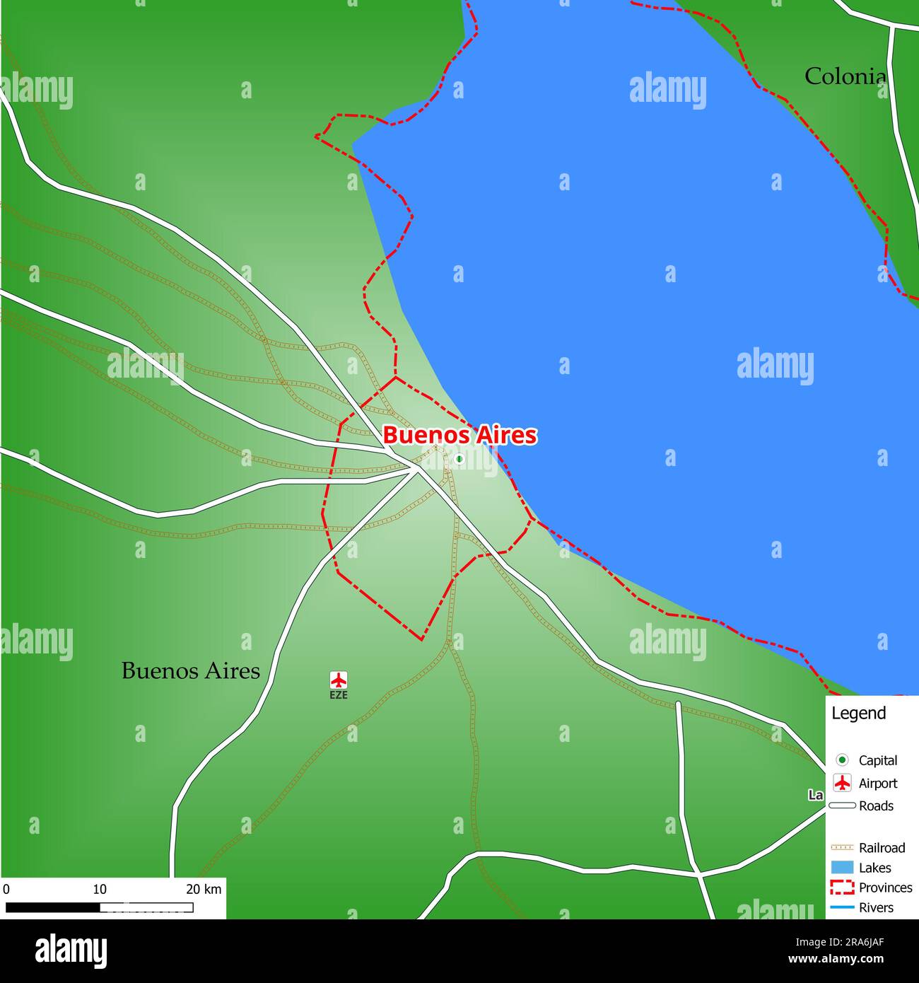 Map of the capital city Buenos Aires with main streets, rivers, lakes ...