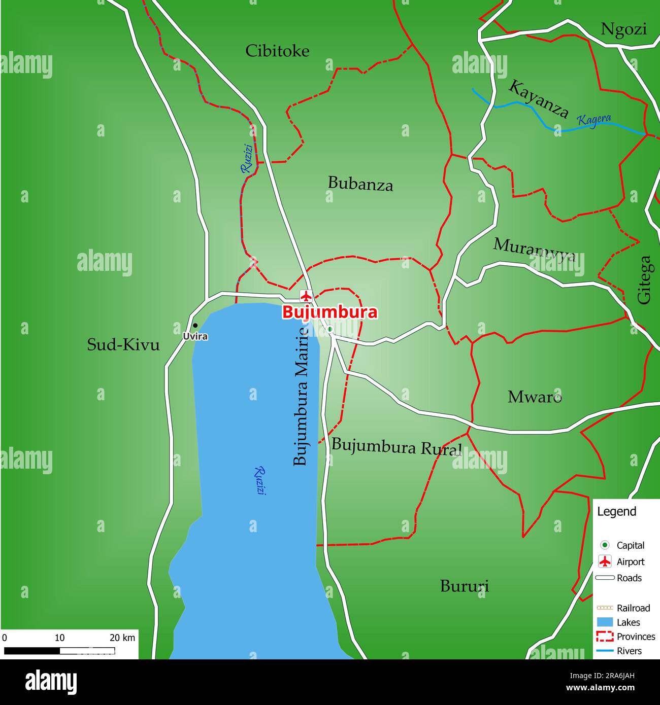 Map of the capital city Bujumbura with main streets, rivers, lakes ...
