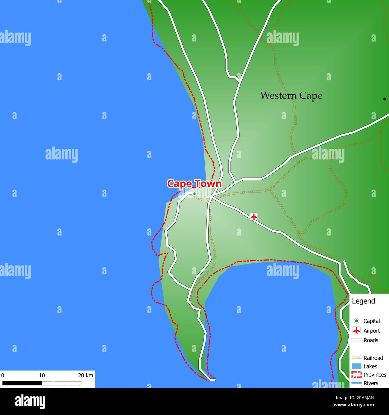 Map of the capital city Cape Town with main streets, rivers, lakes ...
