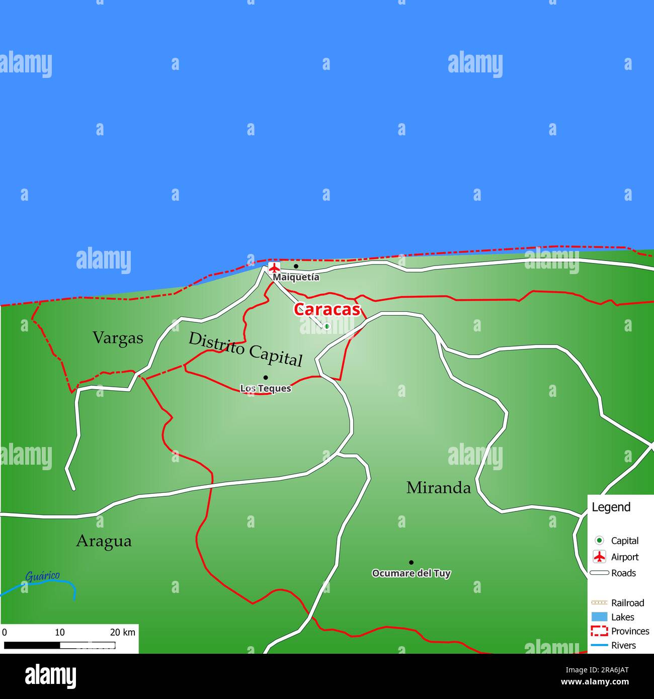 Map of the capital city Caracas with main streets, rivers, lakes, urban ...