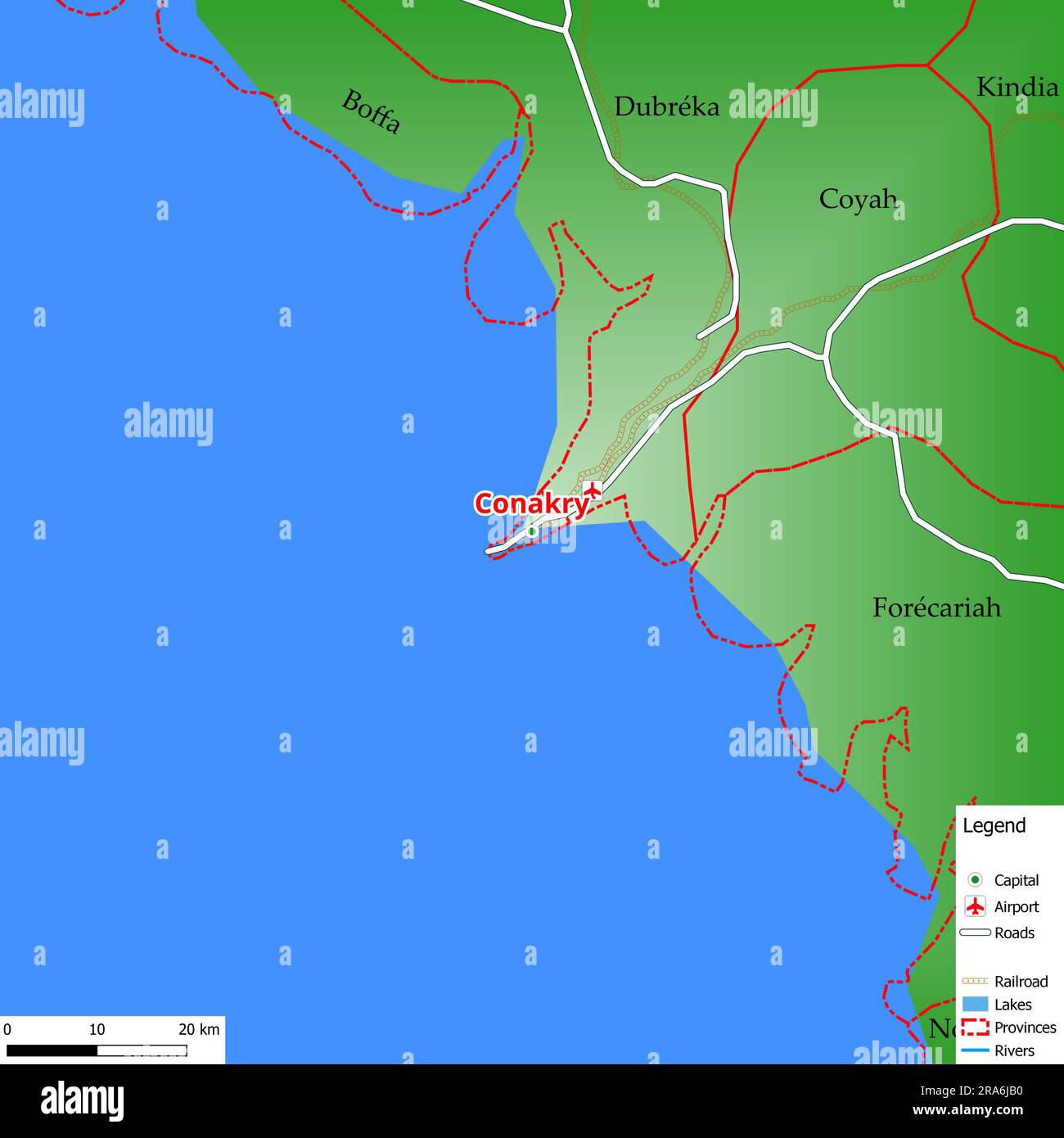 Map of the capital city Conakry with main streets, rivers, lakes, urban ...