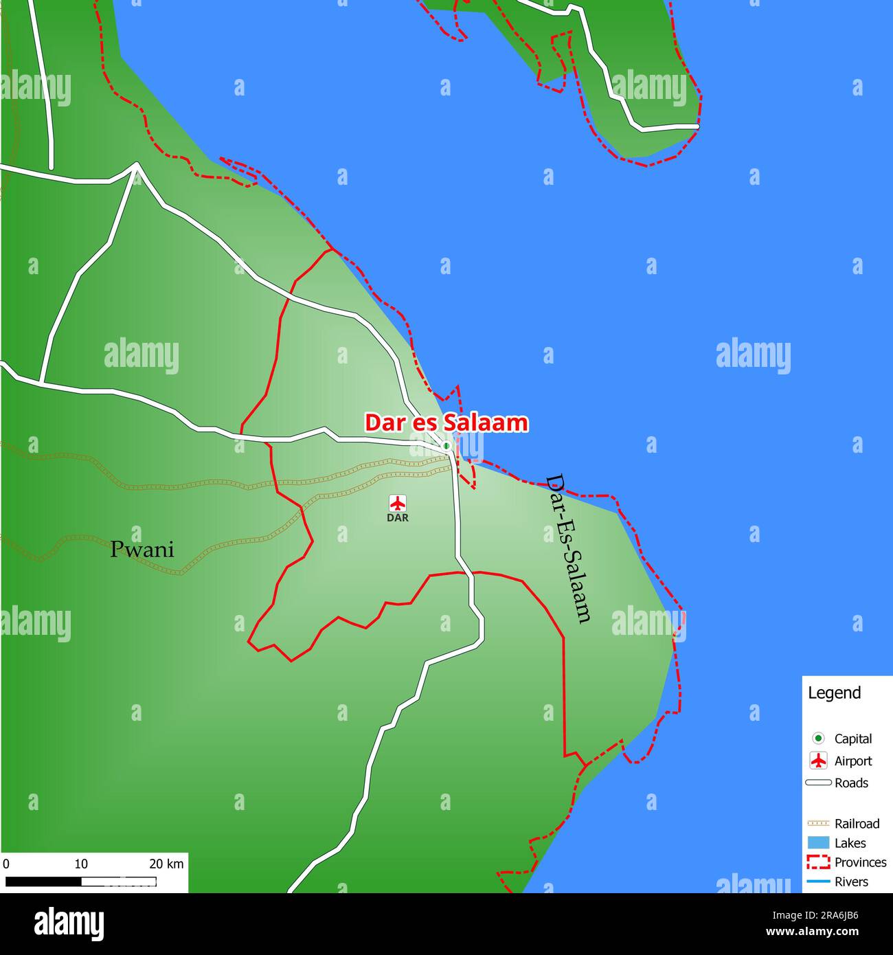 Map of the capital city Dar es Salaam with main streets, rivers, lakes ...