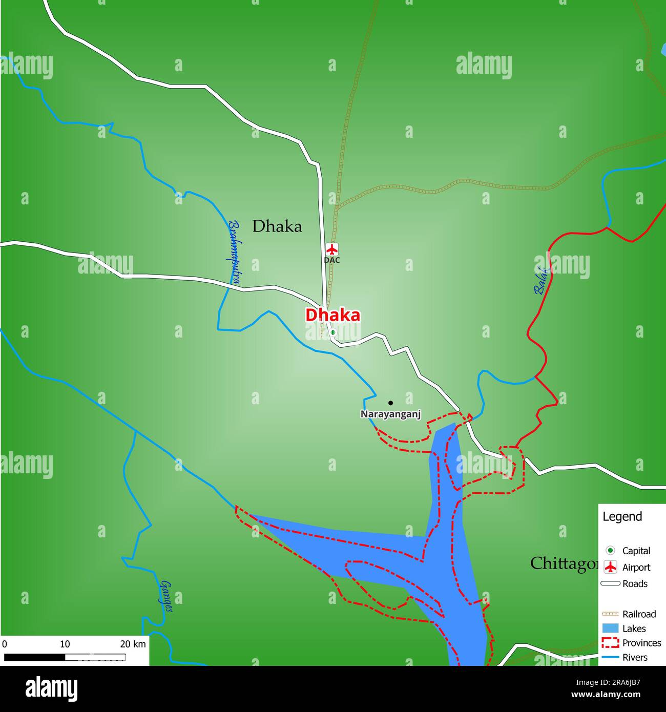 Map of the capital city Dhaka with main streets, rivers, lakes, urban ...