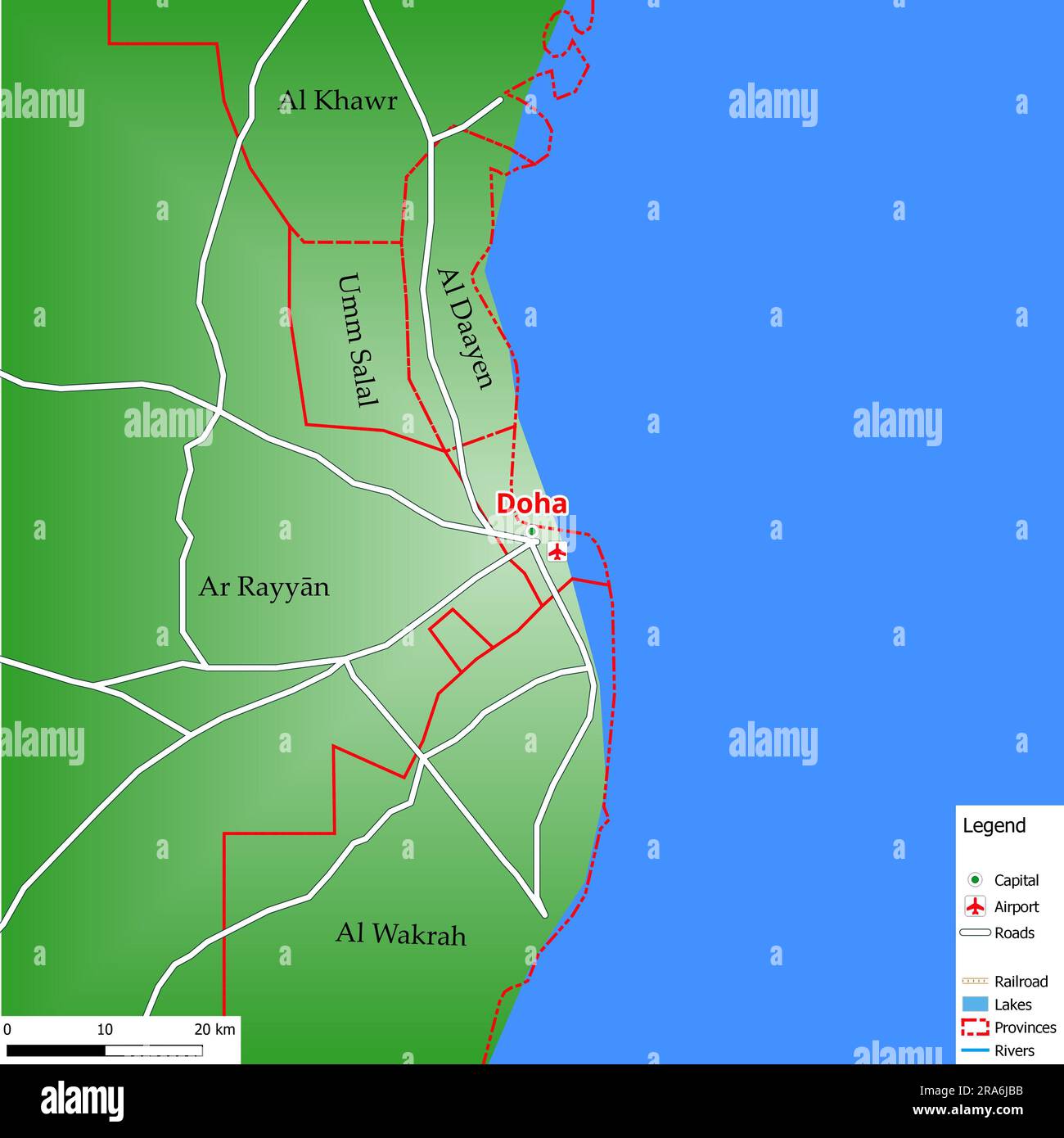 Map of the capital city Doha with main streets, rivers, lakes, urban ...