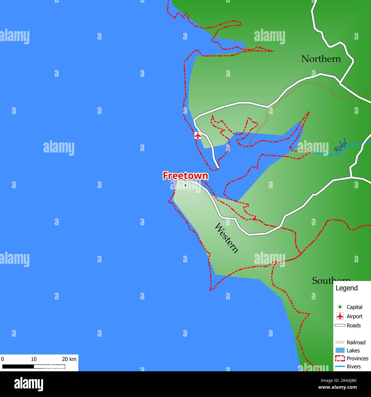 Map of the capital city Freetown with main streets, rivers, lakes ...