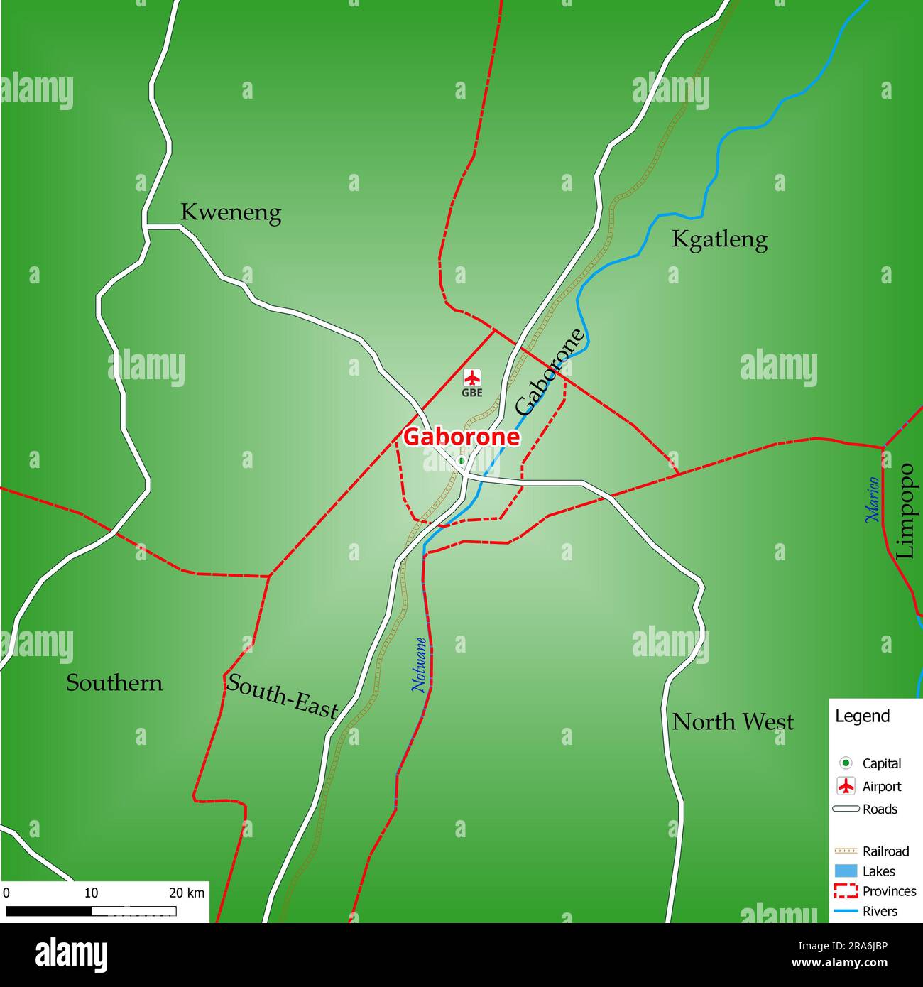 Map of the capital city Gaborone with main streets, rivers, lakes ...