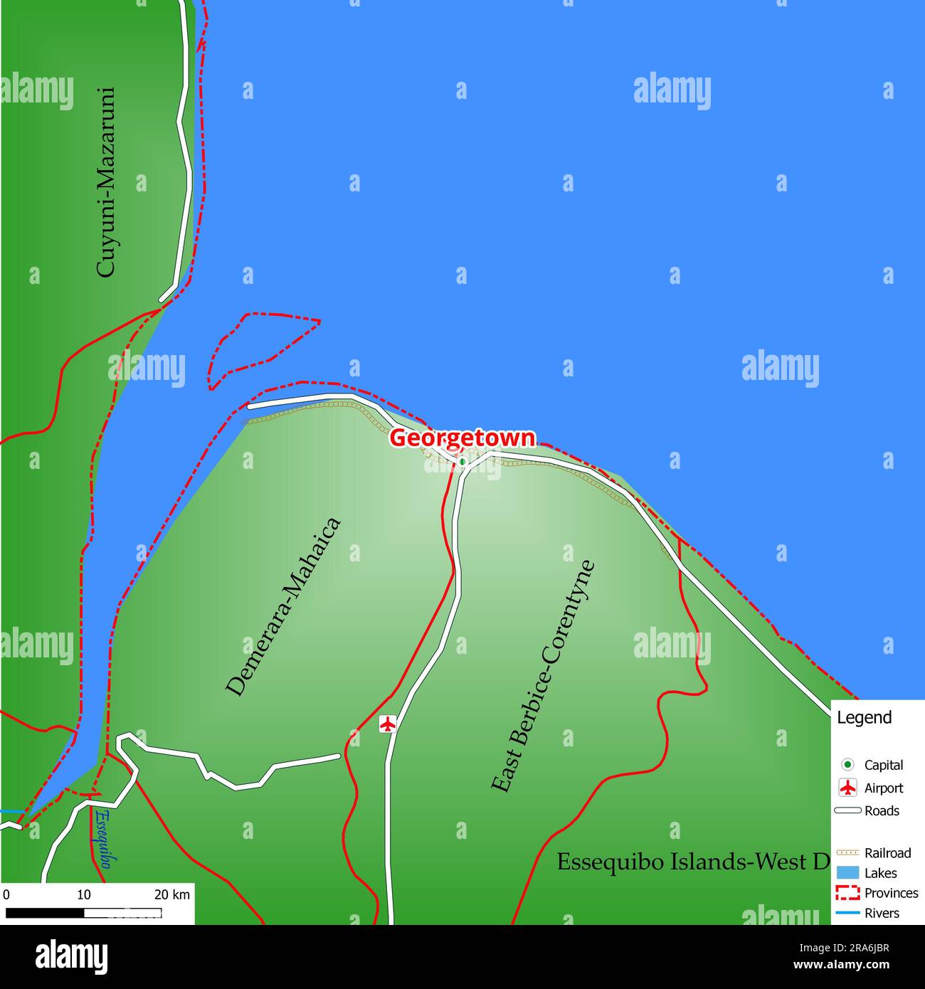 Map of the capital city Georgetown with main streets, rivers, lakes ...