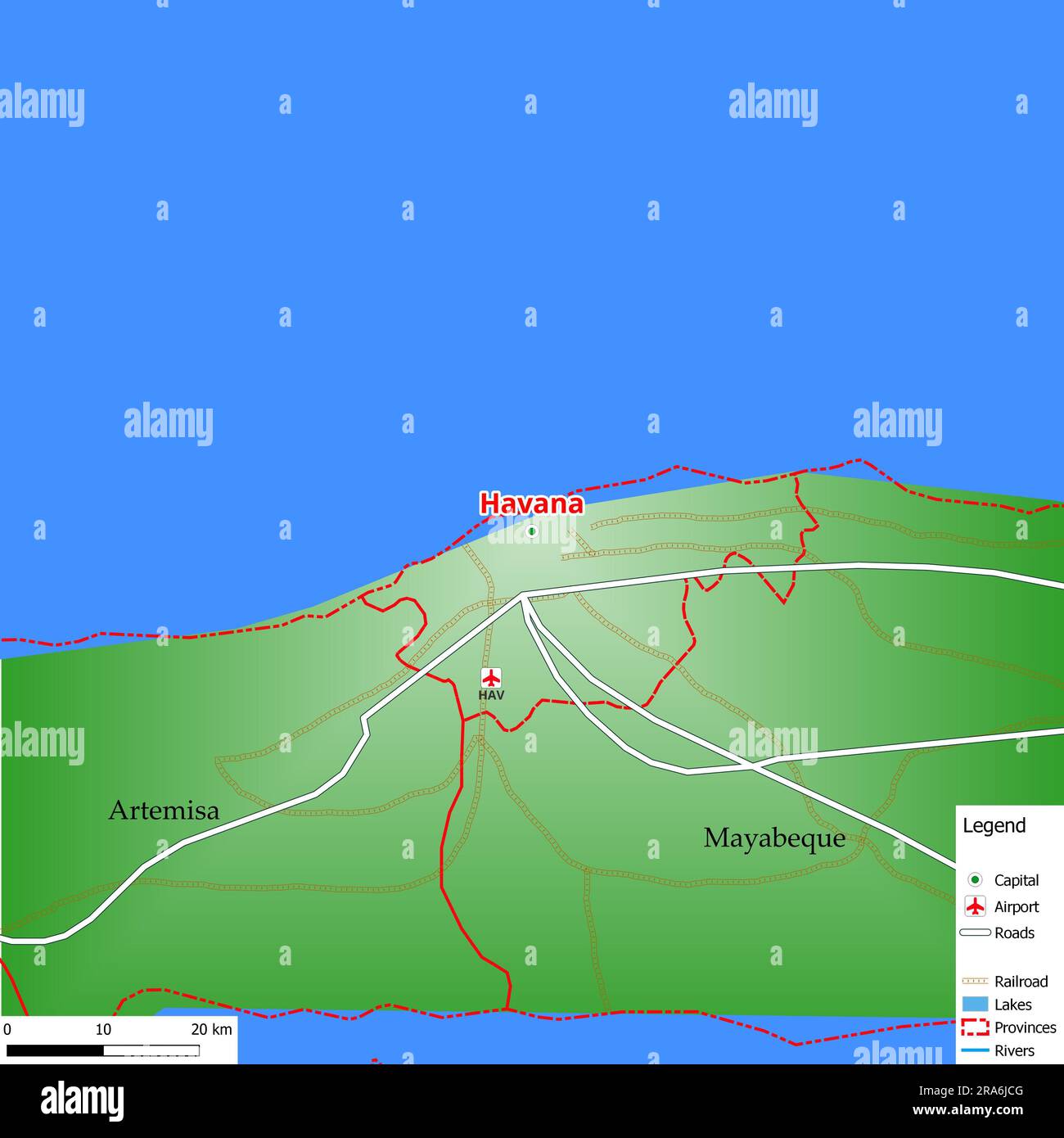 Map of the capital city Havana with main streets, rivers, lakes, urban ...