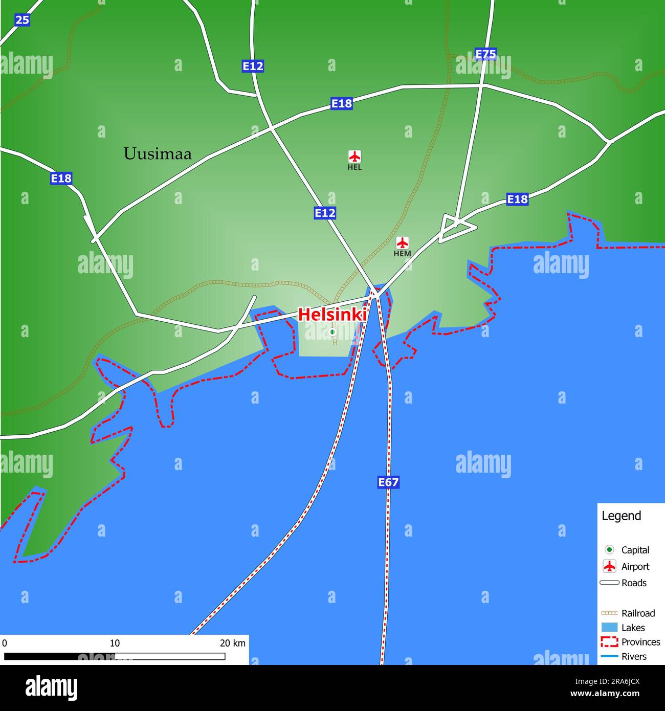 Map of the capital city Helsinki with main streets, rivers, lakes ...