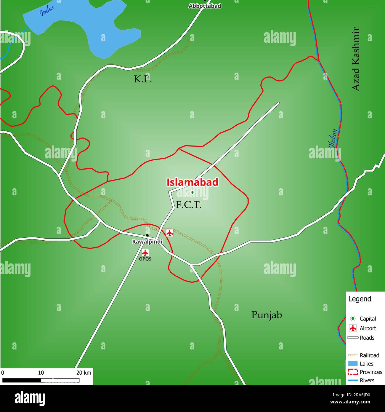 Map of the capital city Islamabad with main streets, rivers, lakes ...