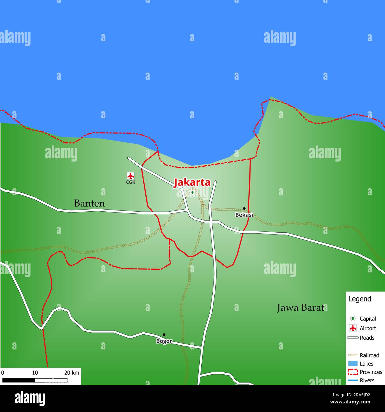 Map of the capital city Jakarta with main streets, rivers, lakes, urban ...