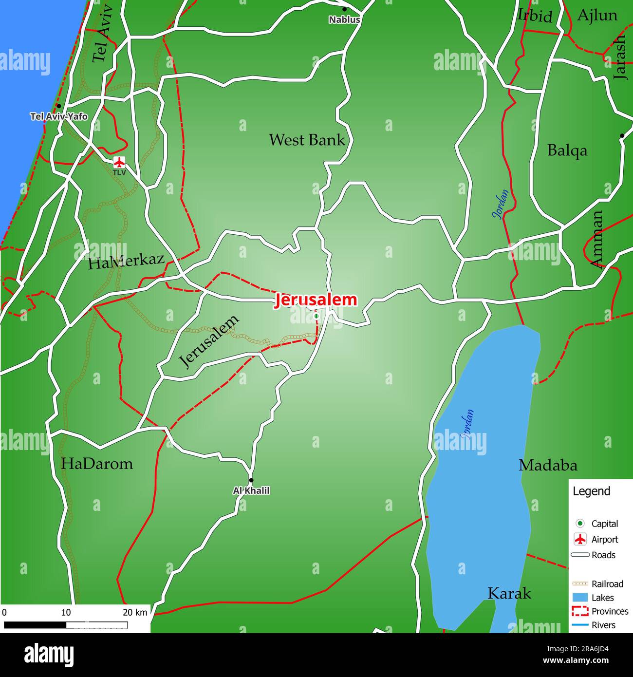 Map of the capital city Jerusalem with main streets, rivers, lakes ...