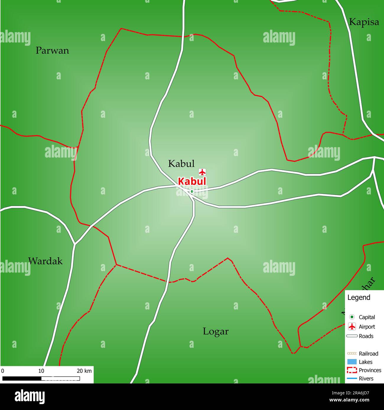 Map of the capital city Kabul with main streets, rivers, lakes, urban ...