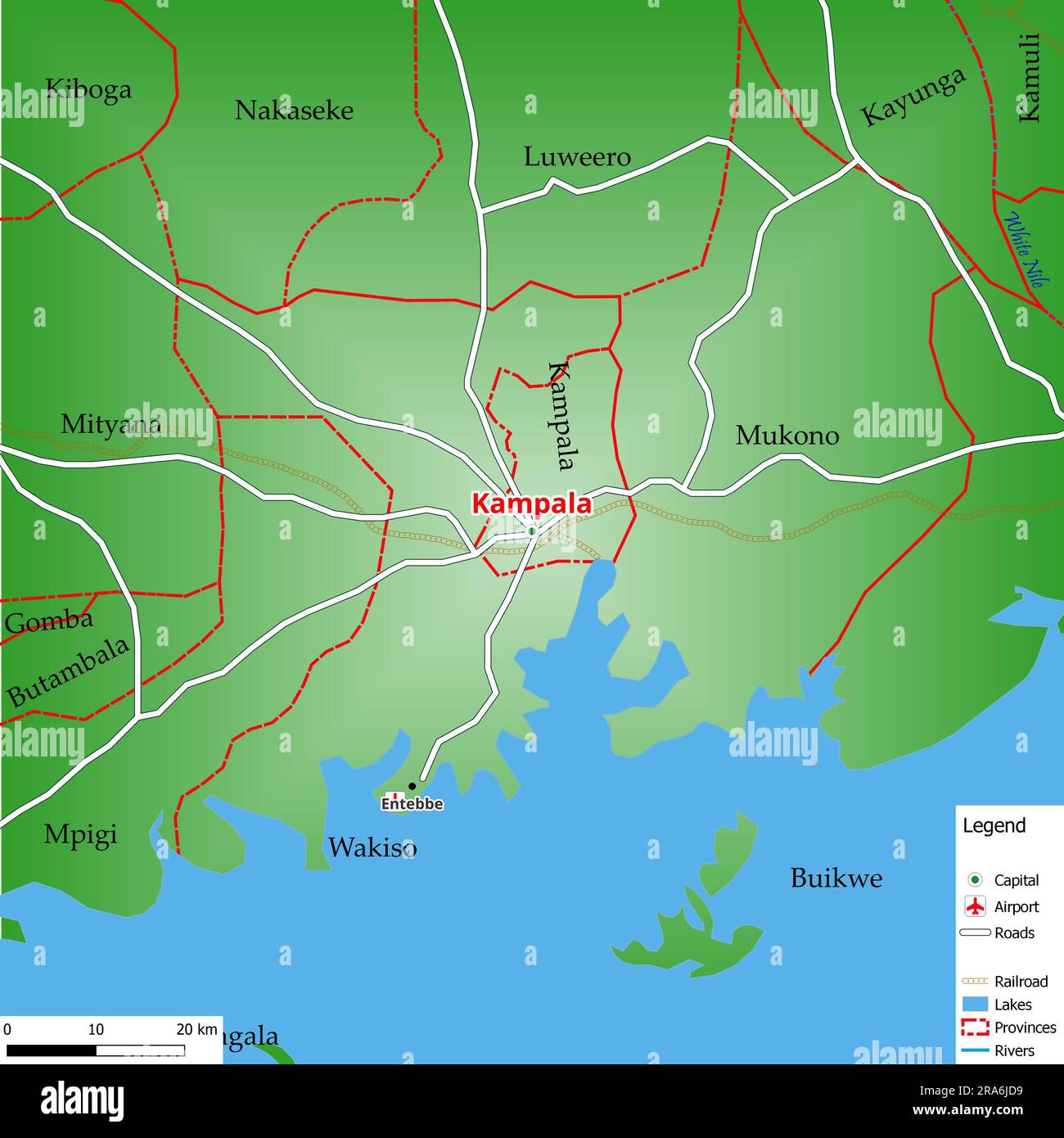 Map of the capital city Kampala with main streets, rivers, lakes, urban ...