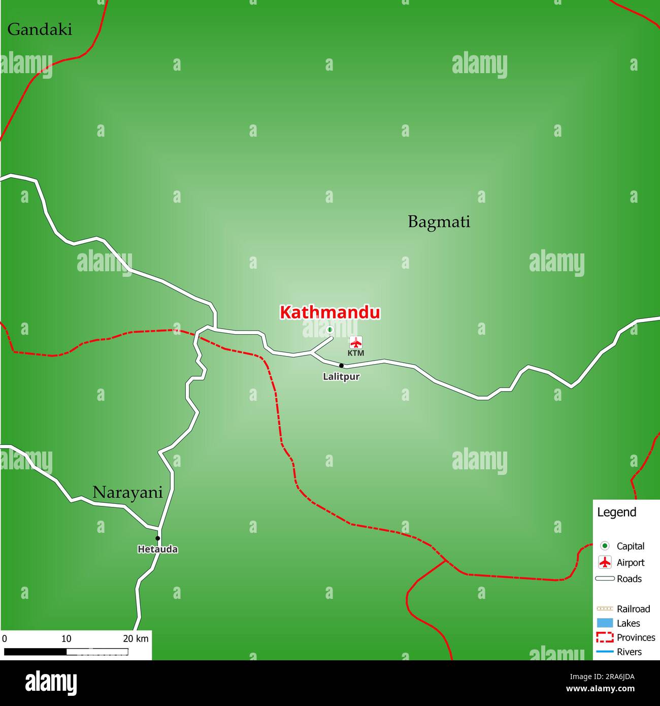 Map of the capital city Kathmandu with main streets, rivers, lakes ...