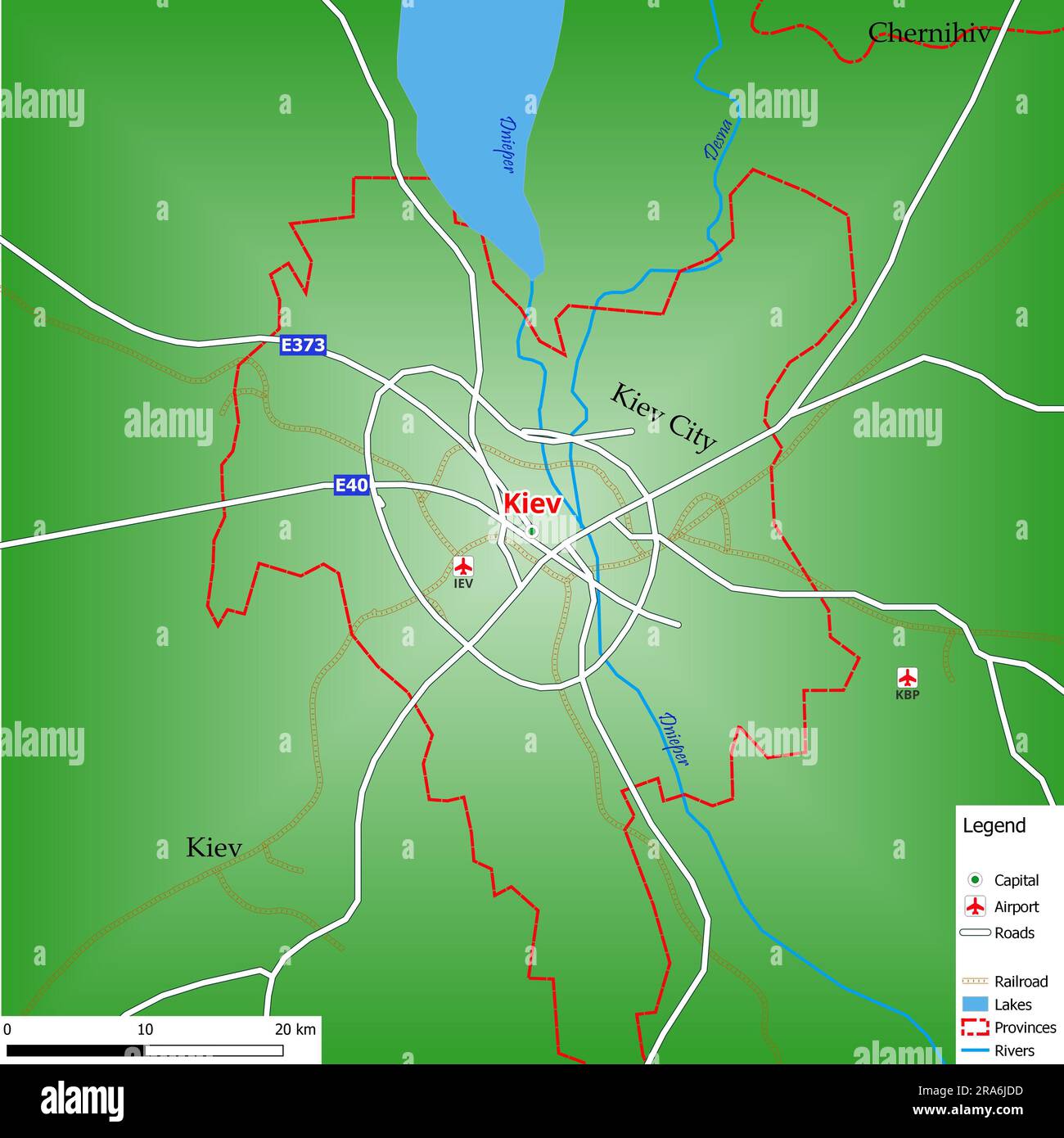 Map of the capital city Kiev with main streets, rivers, lakes, urban ...