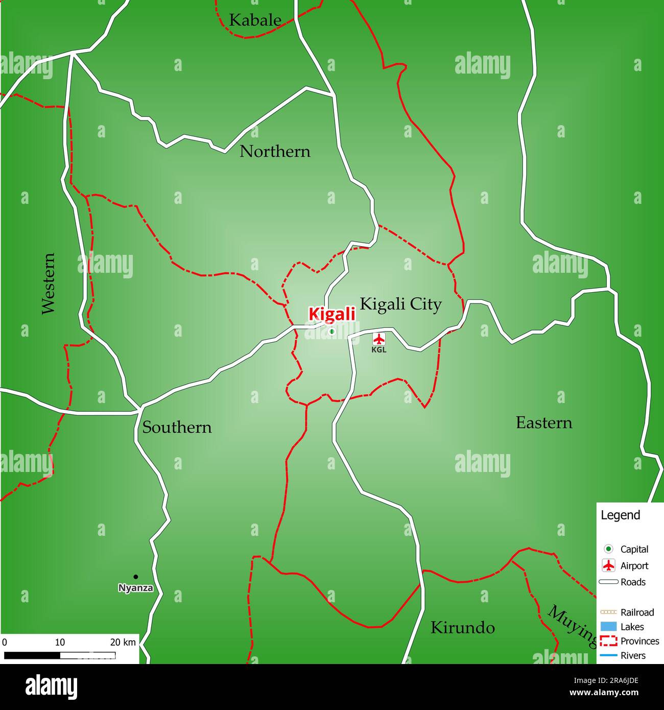 Map of the capital city Kigali with main streets, rivers, lakes, urban ...