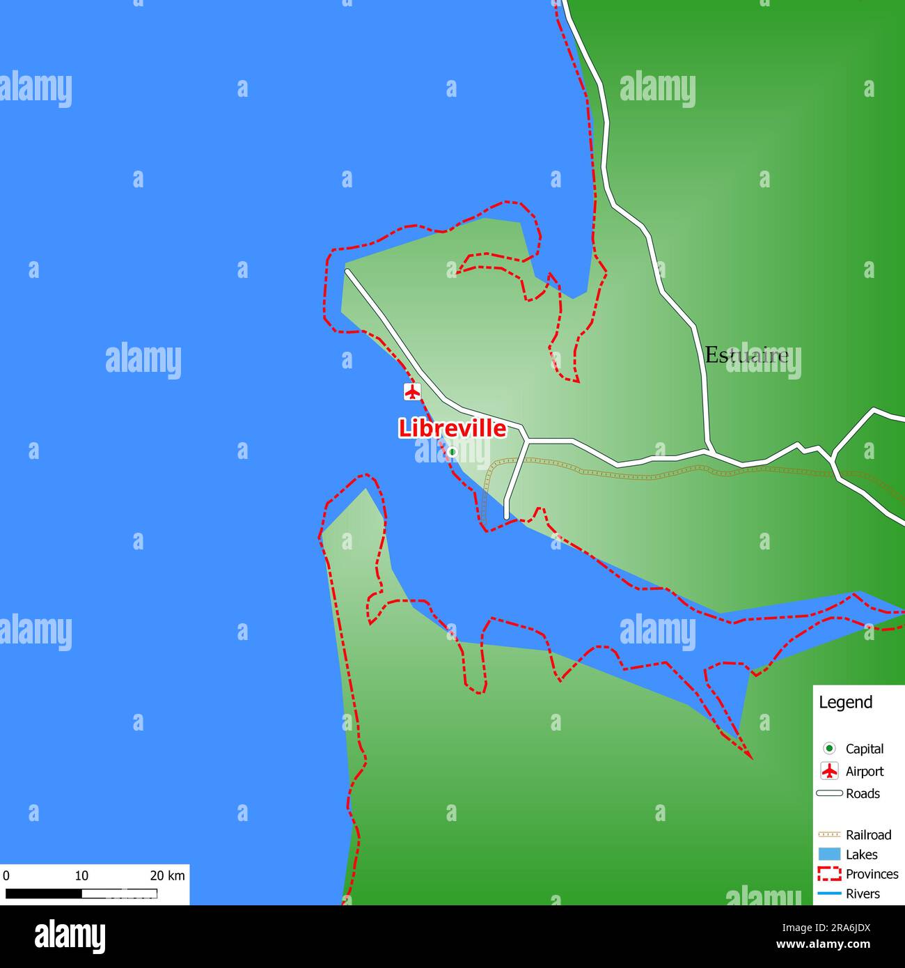 Map of the capital city Libreville with main streets, rivers, lakes ...