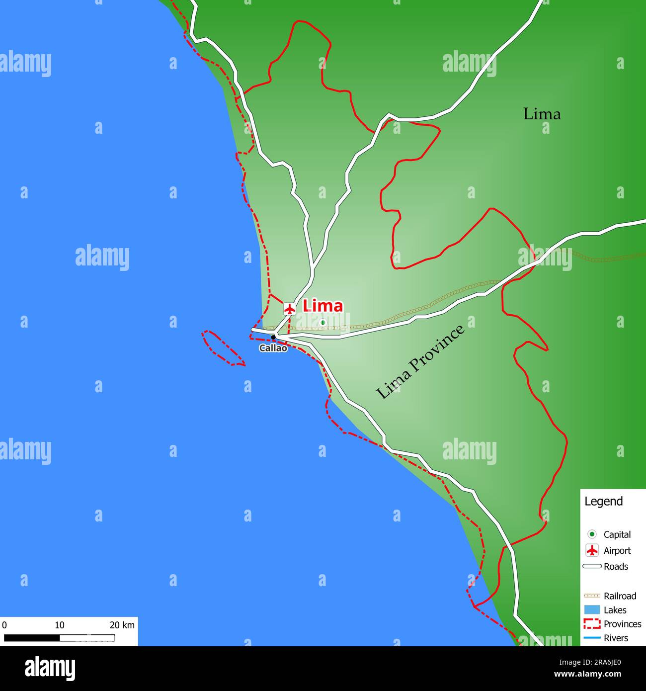Map of the capital city Lima with main streets, rivers, lakes, urban ...