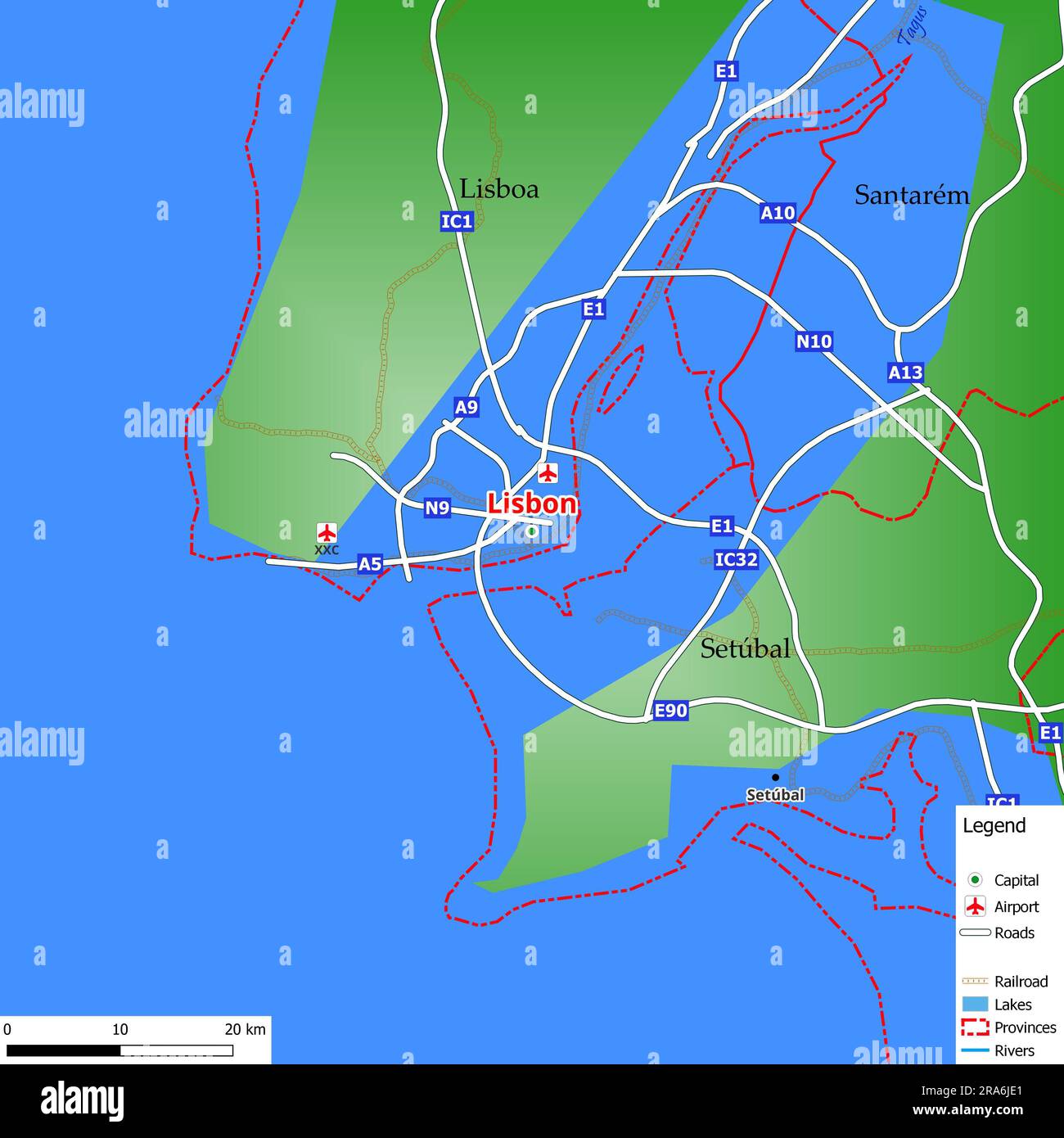 Map of the capital city Lisbon with main streets, rivers, lakes, urban ...