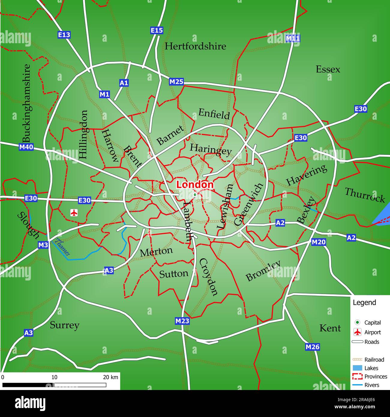 Map of the capital city London with main streets, rivers, lakes, urban ...