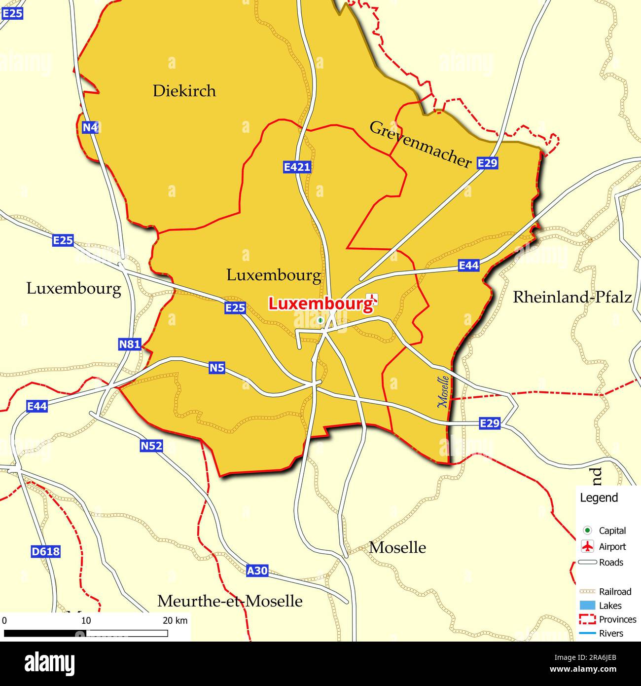 Map of the capital city Luxembourg with main streets, rivers, lakes ...